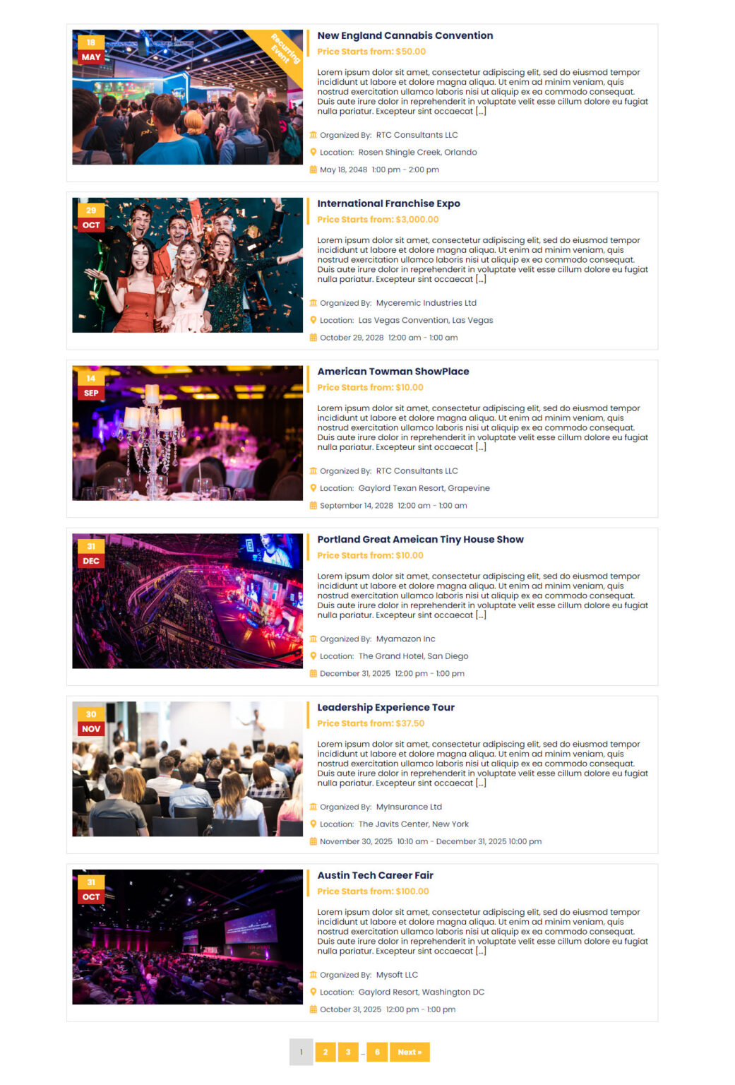 Events - List Style Shortcode - Documentation - WooCommerce Event Manager